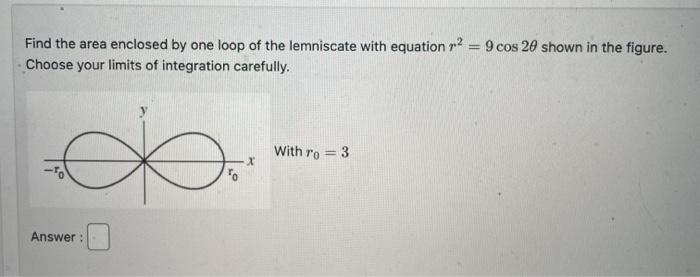 Solved Find the area enclosed by one loop of the lemniscate | Chegg.com