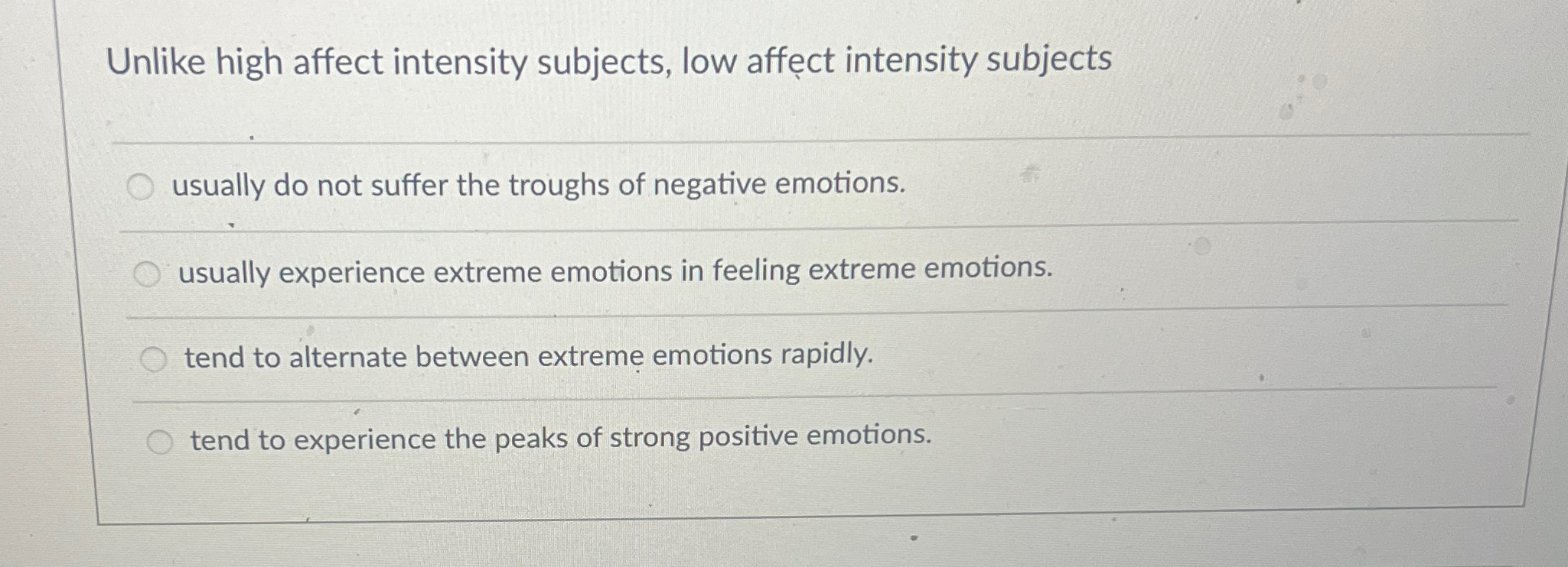 Solved Unlike high affect intensity subjects, low affect | Chegg.com