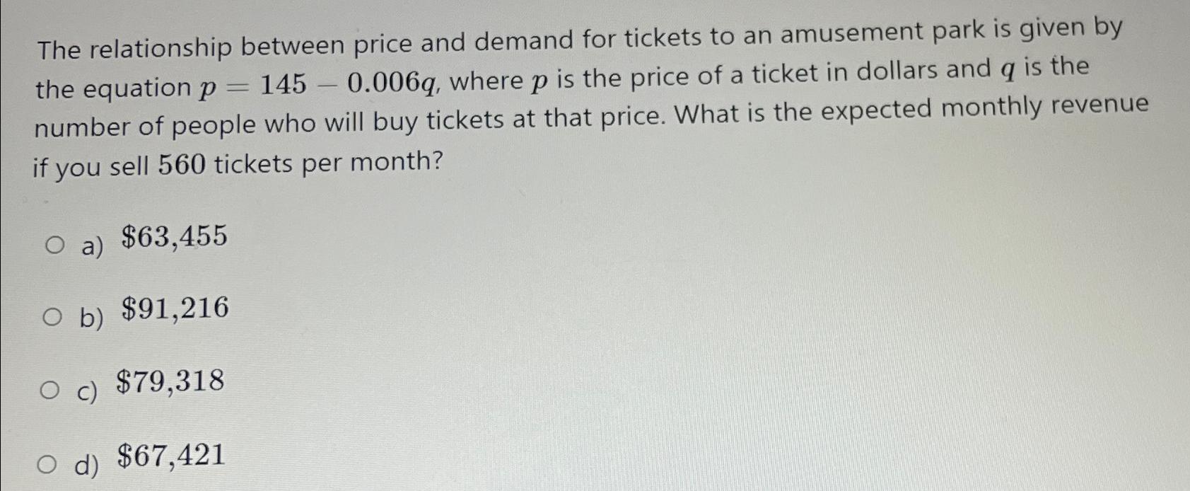 Solved The relationship between price and demand for tickets | Chegg.com