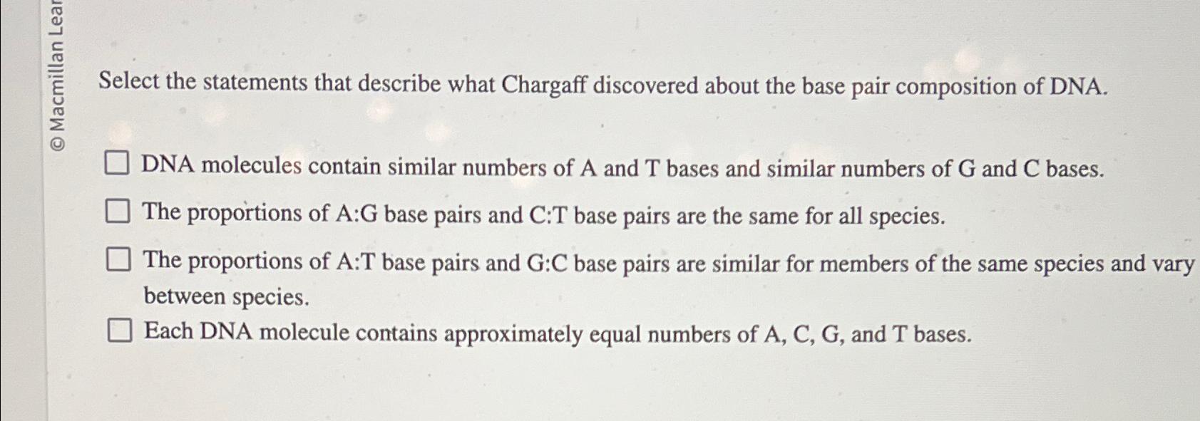 Solved Select the statements that describe what Chargaff | Chegg.com