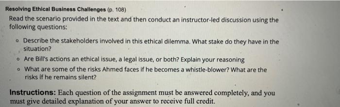 Solved Resolving Ethical Business Challenges (p. 108) Read | Chegg.com