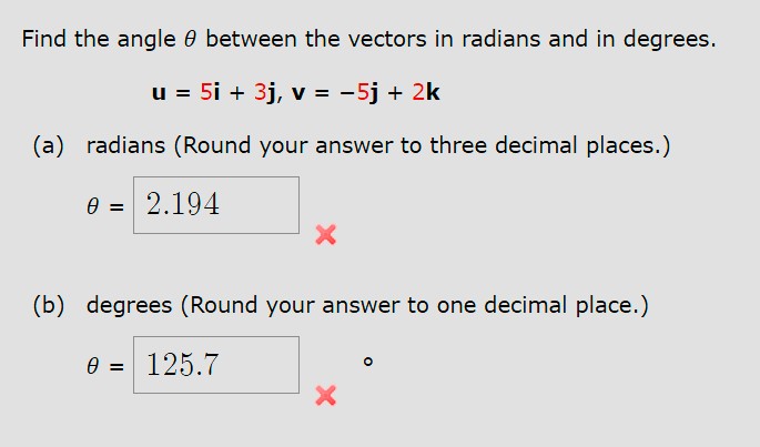 Find the angle θbetween ﻿the vectors in ﻿radians and | Chegg.com