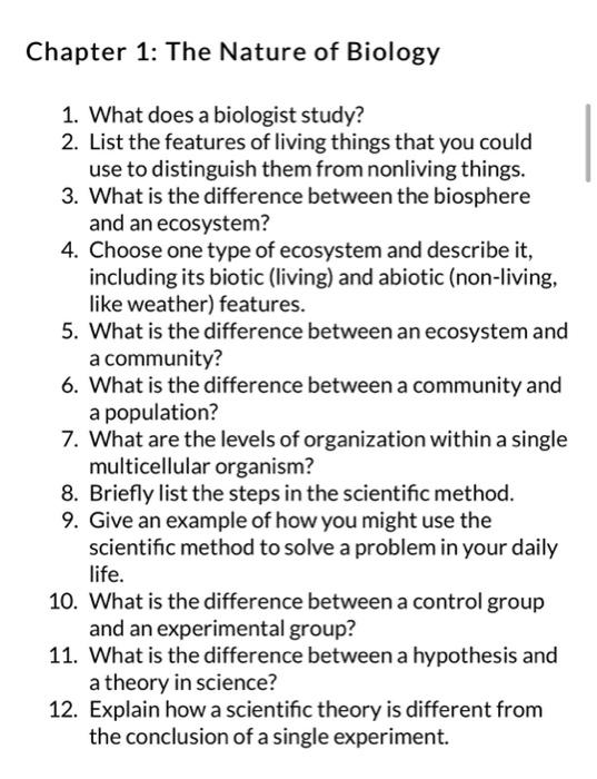 Chapter 1: The Nature of Biology 1. What does a | Chegg.com