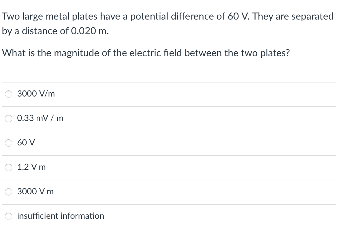 Solved Two large metal plates have a potential difference of | Chegg.com
