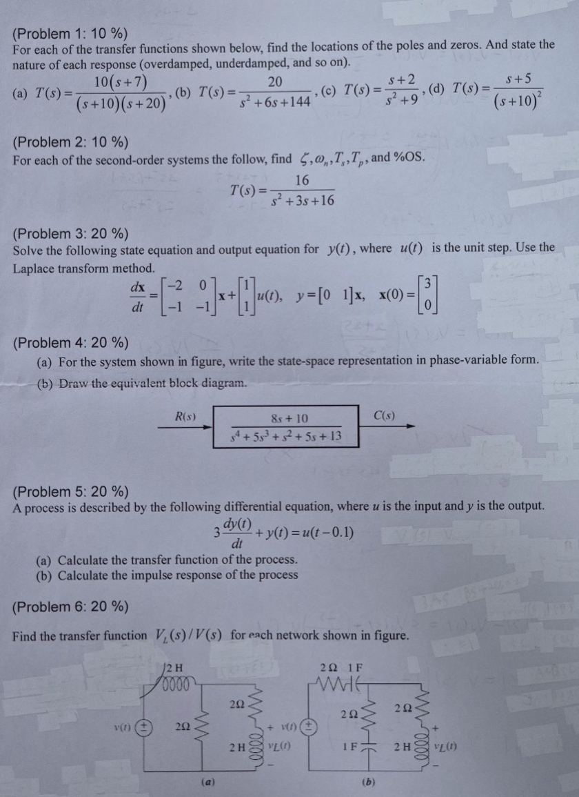 Solved (Problem 1: 10 %)For each of the transfer functions | Chegg.com