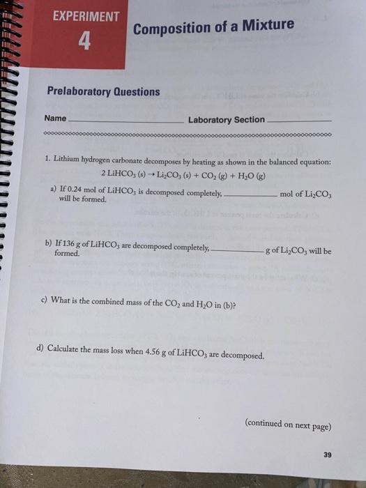 Solved EXPERIMENT Composition of a Mixture Prelaboratory | Chegg.com