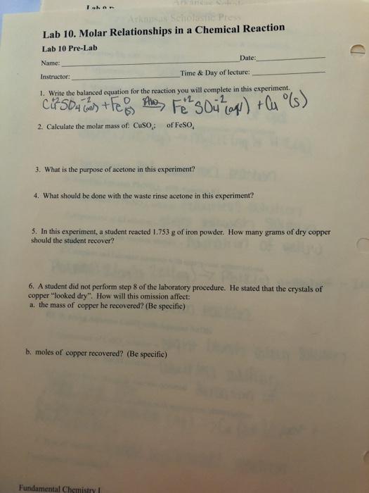 Solved Tha ArchPa Lab 10. Molar Relationships in a Chemical | Chegg.com