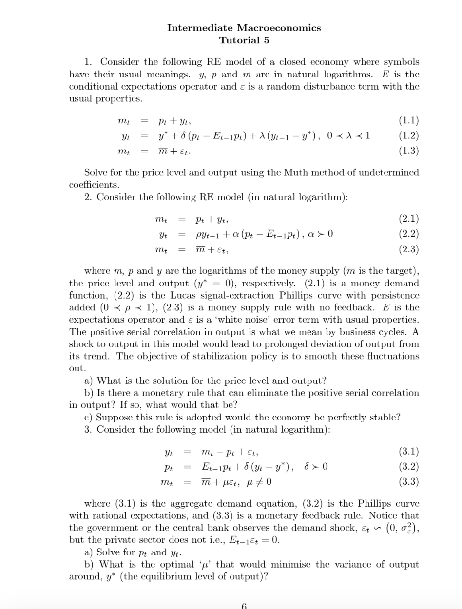 Solved Intermediate MacroeconomicsTutorial 5Consider the | Chegg.com