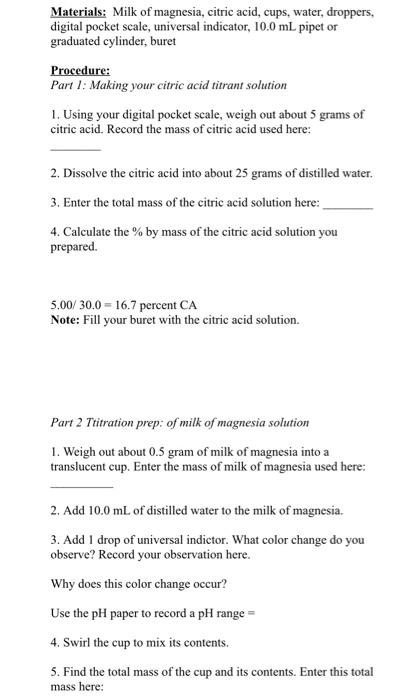 Solved Materials: Milk of magnesia, citric acid, cups, | Chegg.com