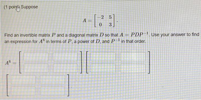 Solved (1 point Suppose A=[−2053]. Find an invertible | Chegg.com
