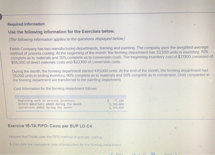 Solved Exercise 16-7A FIFO: Costs per EUP LO C4 Assume that | Chegg.com
