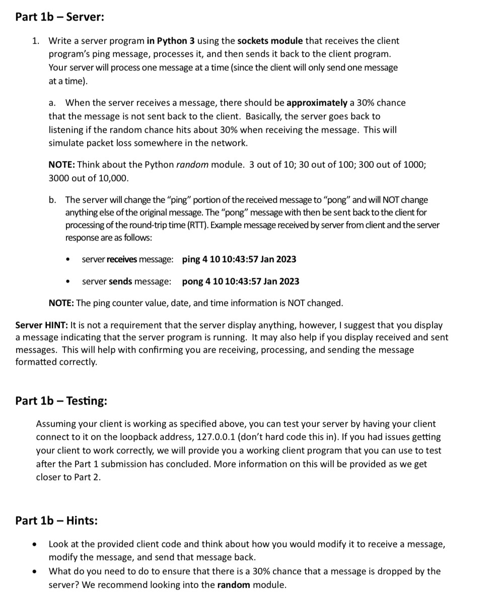 Solved Part 1b - ﻿Server:Write a server program in Python 3 | Chegg.com