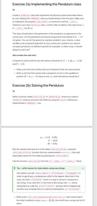 Exercise 2a) Implementing the Pendulum class 1p in - | Chegg.com