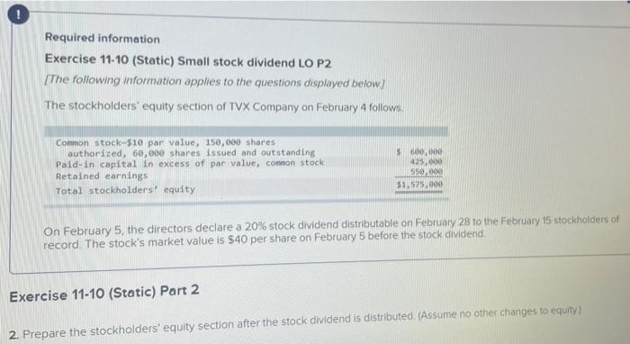 Solved Required information Exercise 11-10 (Static) Small | Chegg.com