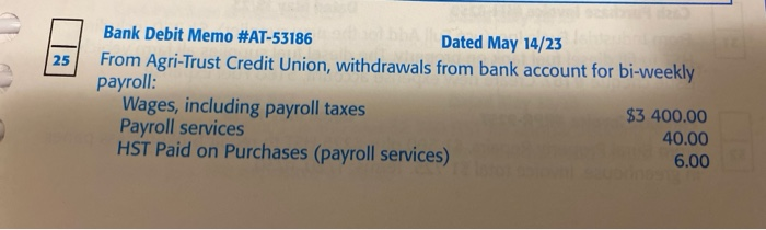 Solved 25 Bank Debit Memo #AT-53186 Dated May 14/23 From | Chegg.com