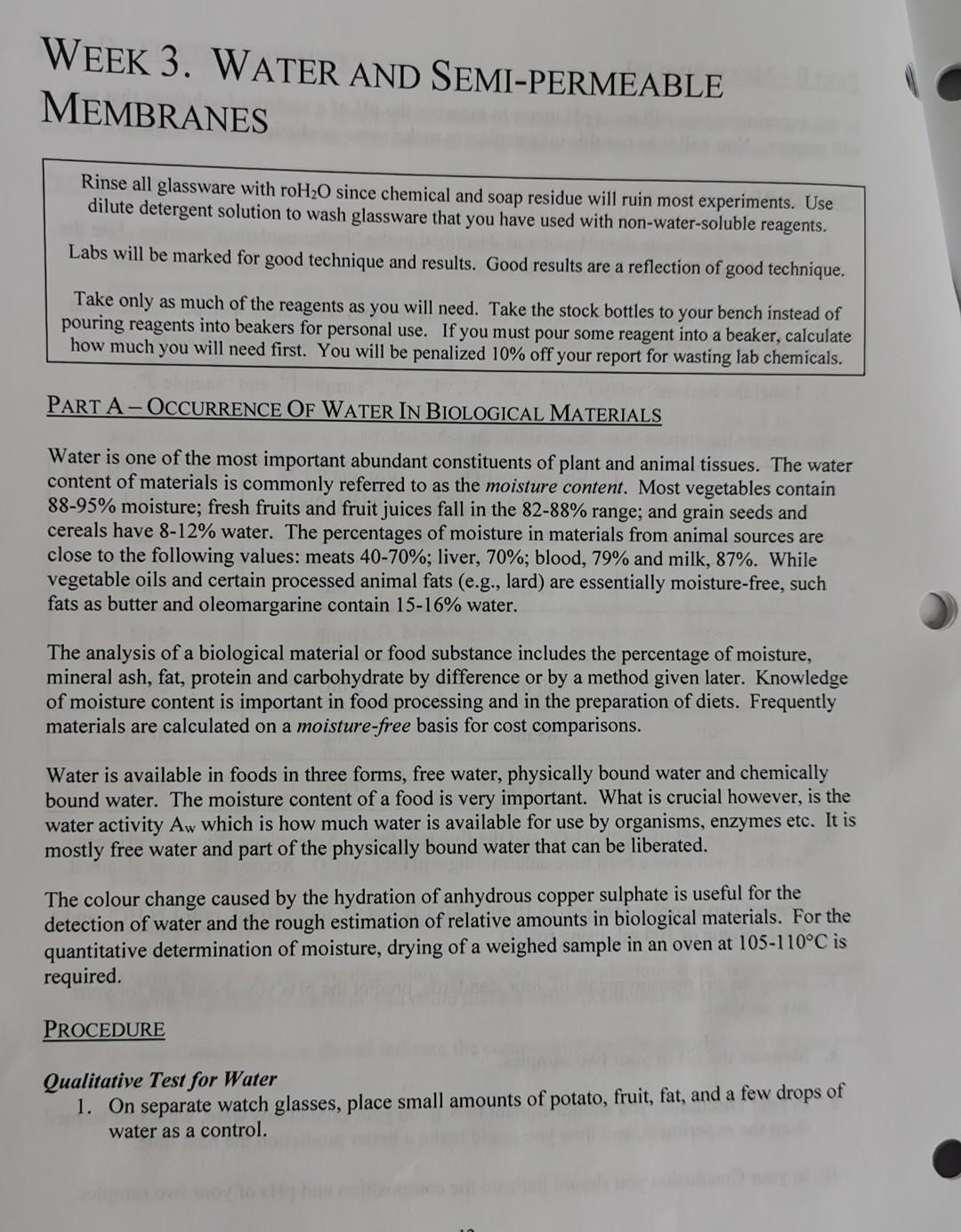 Solved WEEK 3. WATER AND SEMI-PERMEABLE MEMBRANES Rinse all | Chegg.com