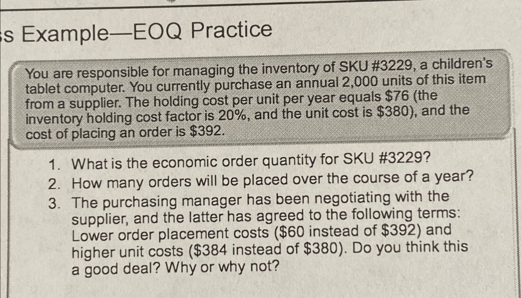 Solved s Example-EOQ PracticeYou are responsible for | Chegg.com