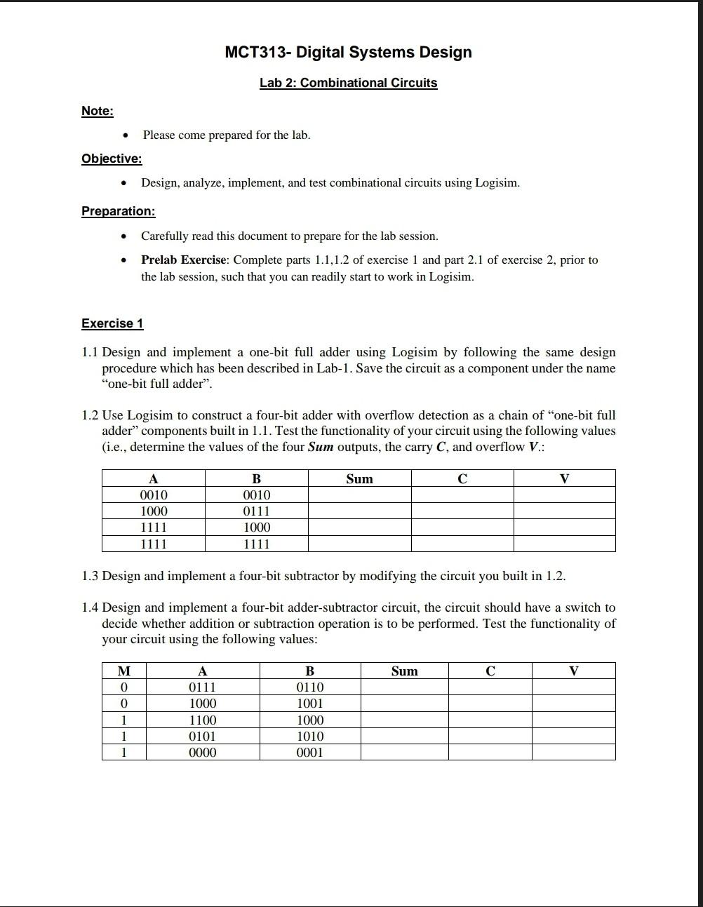 Solved MCT313- Digital Systems Design Lab 2: Combinational | Chegg.com