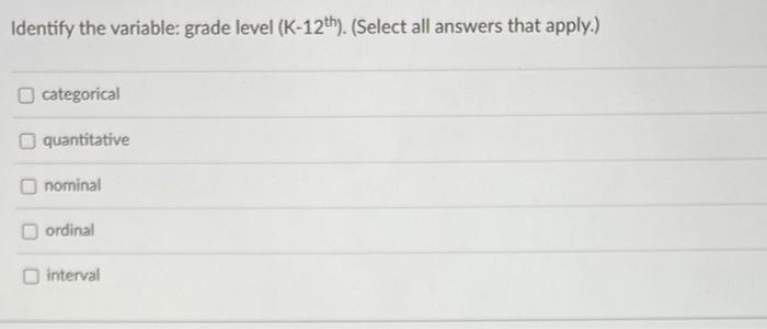 Solved Identify the variable: grade level ( K−12th ). | Chegg.com
