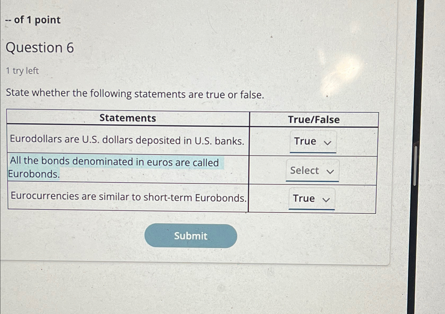 Solved -- ﻿of 1 ﻿pointQuestion 61 ﻿try leftState whether the | Chegg.com