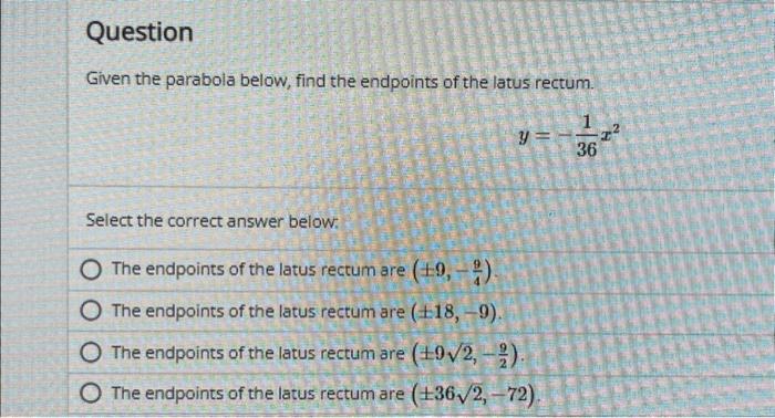 Solved Given the parabola below, find the endpoints of the | Chegg.com