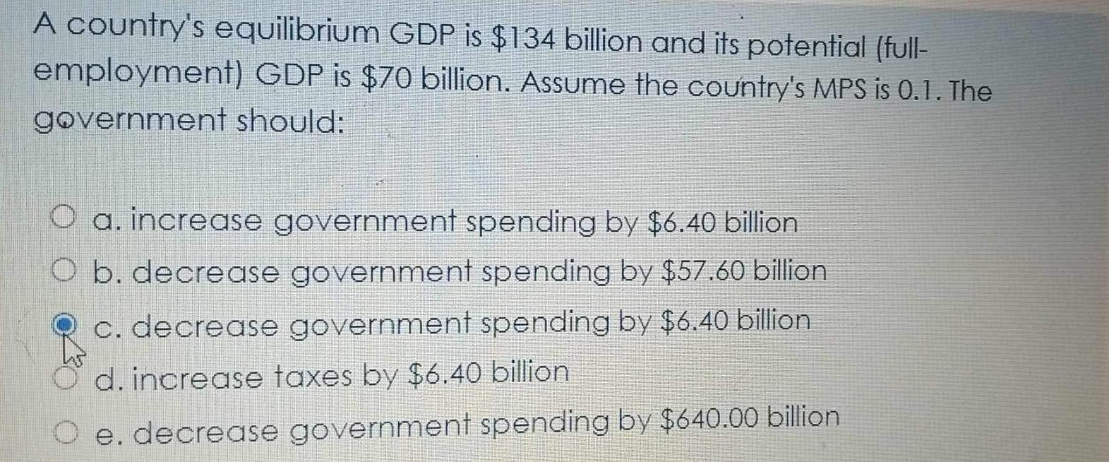 Solved A country's equilibrium GDP is $134 ﻿billion and its | Chegg.com