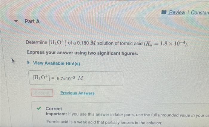 Solved Determine [H3O+]of a 0.180M solution of formic acid | Chegg.com