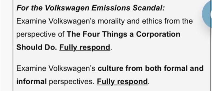 Solved For the Volkswagen Emissions Scandal: Examine | Chegg.com