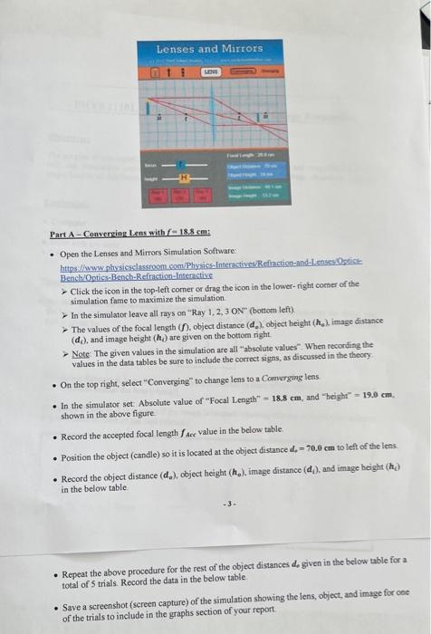 Part A-Converging Lens with f=18.8 cm - Open the | Chegg.com