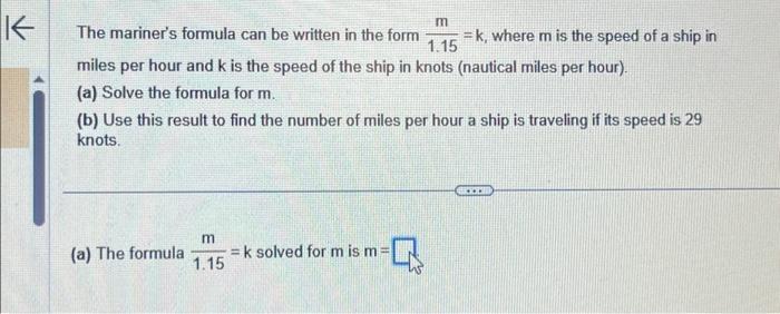 Solved K The mariner's formula can be written in the form | Chegg.com