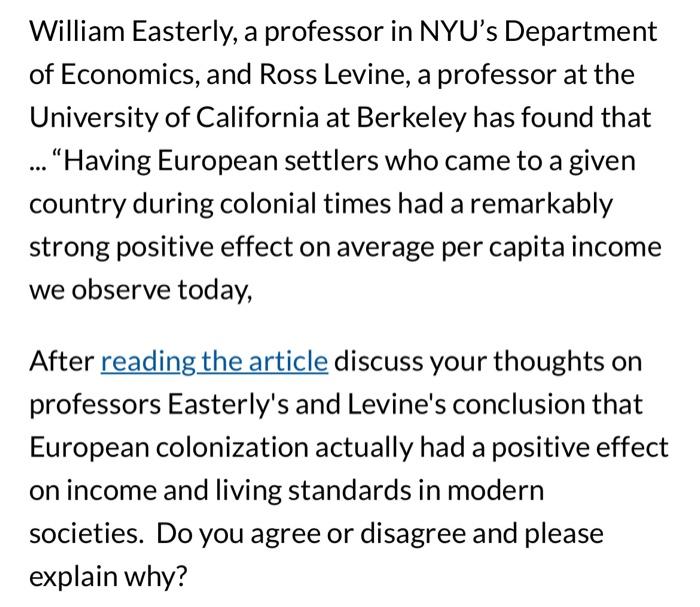 William Easterly, a professor in NYU's Department of | Chegg.com
