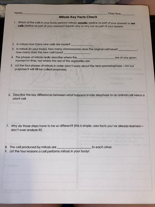 Solved Name Class Time Mitosis Key Facts Check 1. Which of | Chegg.com