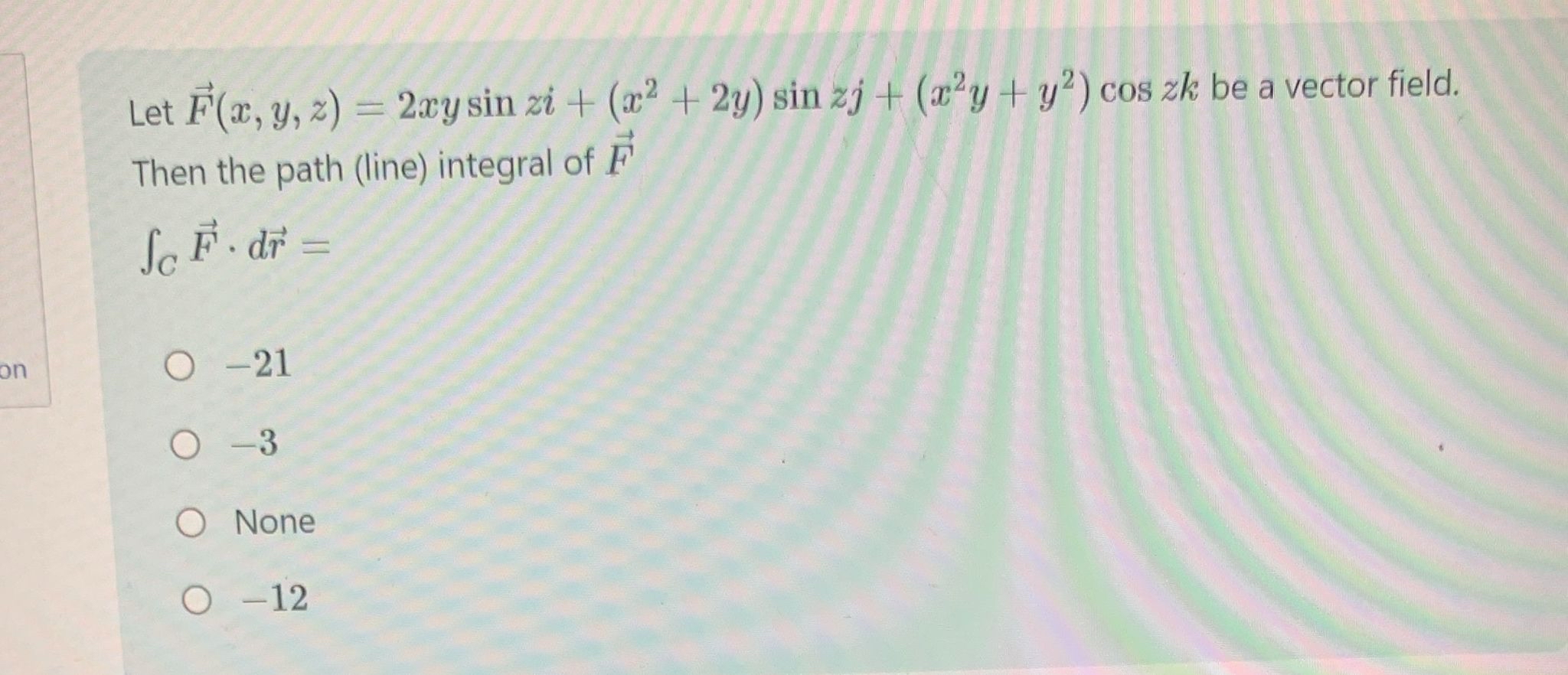 Solved Let vec(F)(x,y,z)=2xysinzi+(x2+2y)sinzj+(x2y+y2)coszk | Chegg.com