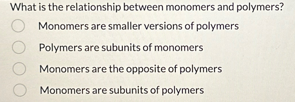 Solved What is the relationship between monomers and | Chegg.com