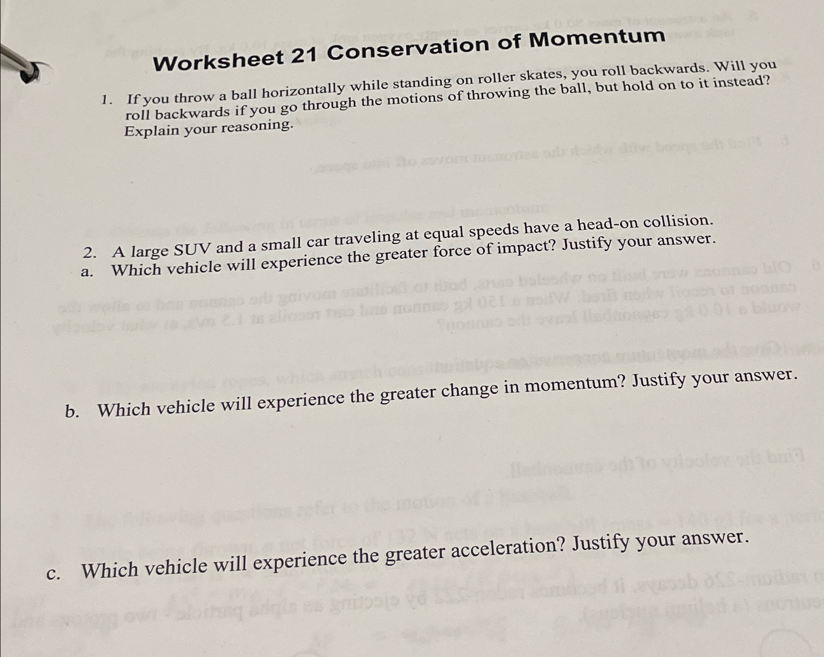 Solved Worksheet 21 ﻿Conservation of MomentumIf you throw a | Chegg.com