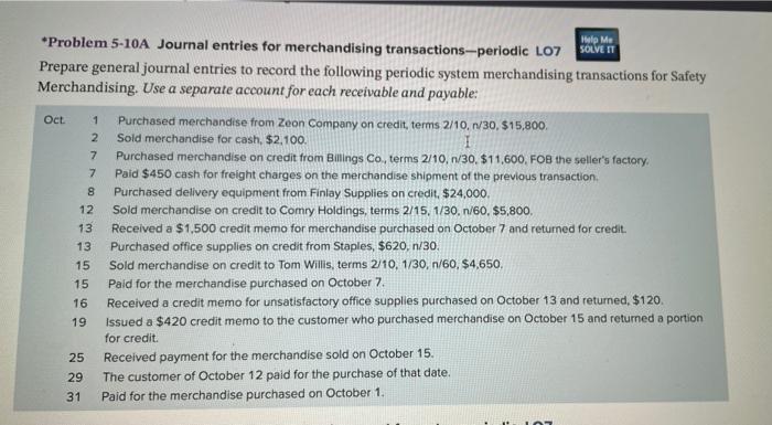 Solved 8 *Problem 5-10A Journal entries for merchandising | Chegg.com