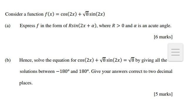 Solved Consider a function f(x)=cos(2x)+8sin(2x) (a) Express | Chegg.com