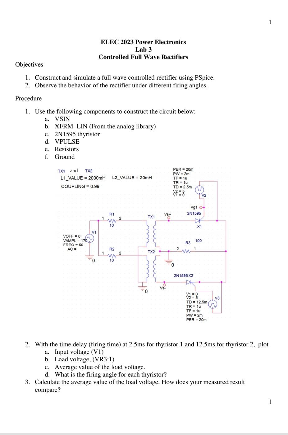 Solved 1 ELEC 2023 Power Electronics Lab 3 3 Controlled Full | Chegg.com