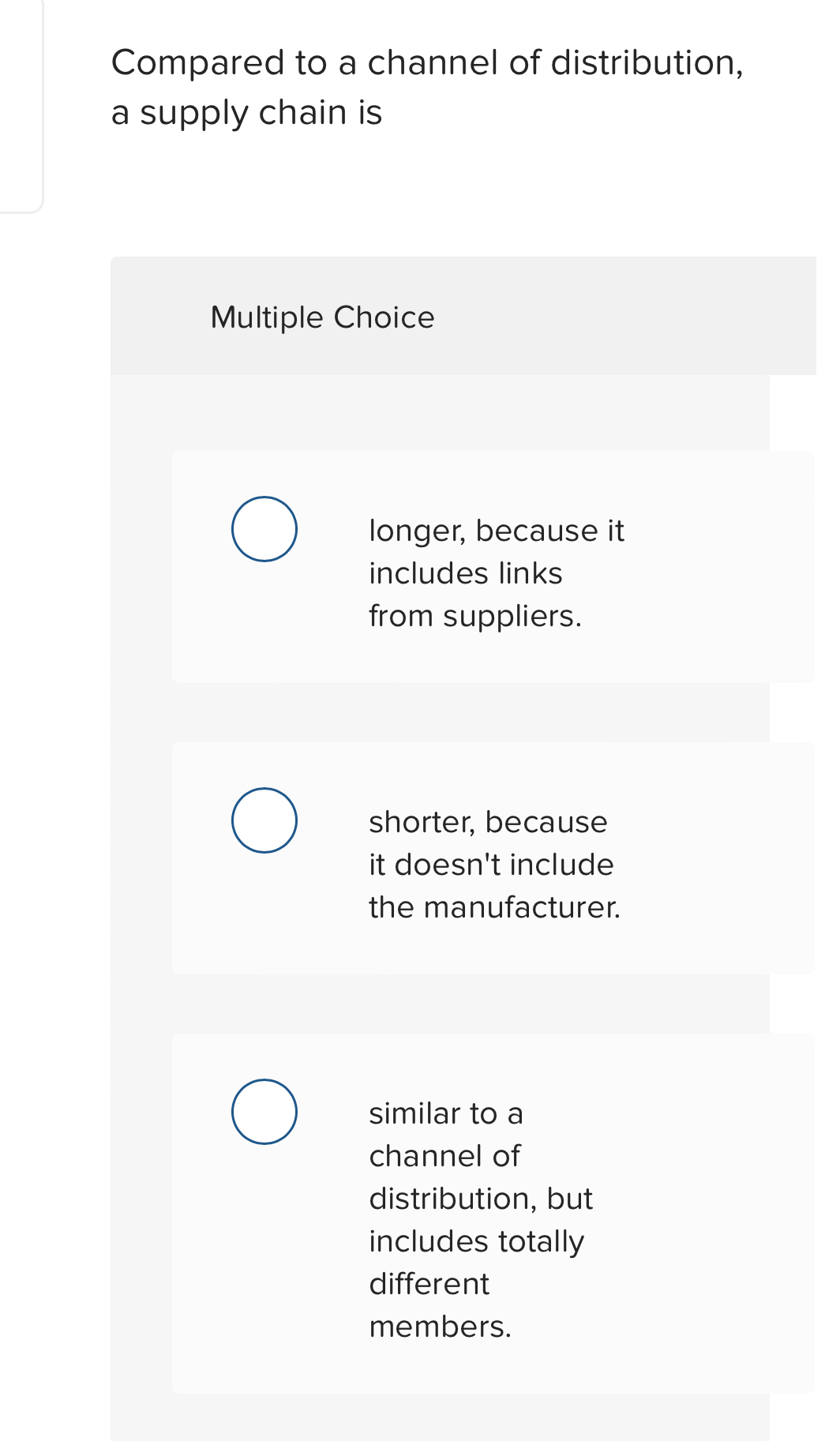 Solved Compared to a channel of distribution, a supply chain | Chegg.com