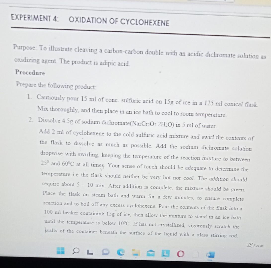 Solved EXPERIMENT 4: OXIDATION OF CYCLOHEXENE Purpose: To | Chegg.com