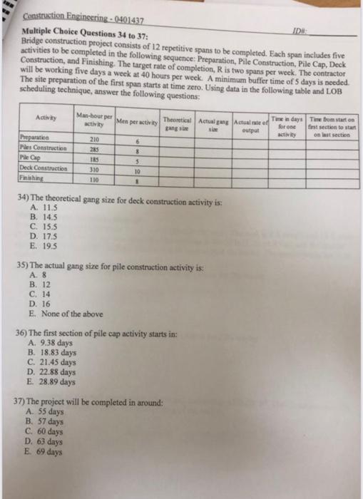 Solved Construction Enginsering - 0401437 Multiple Choice | Chegg.com