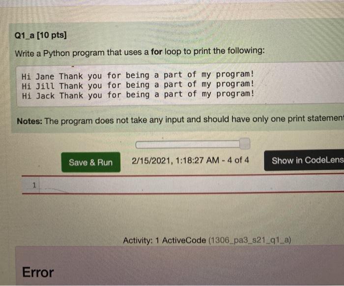 Solved Q1a 10 Pts Write A Python Program That Uses A For