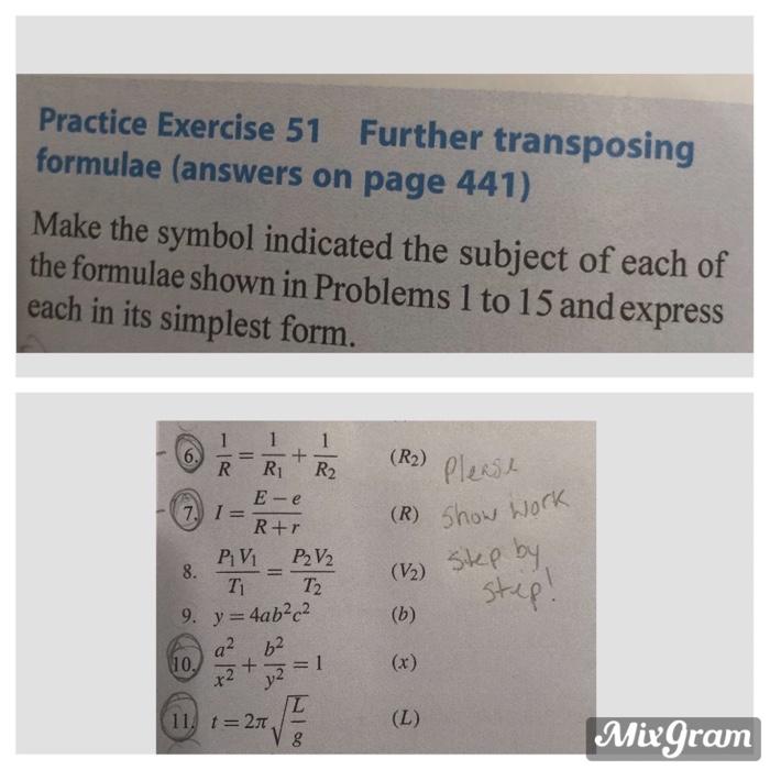 Solved Practice Exercise 51 Further transposing formulae | Chegg.com