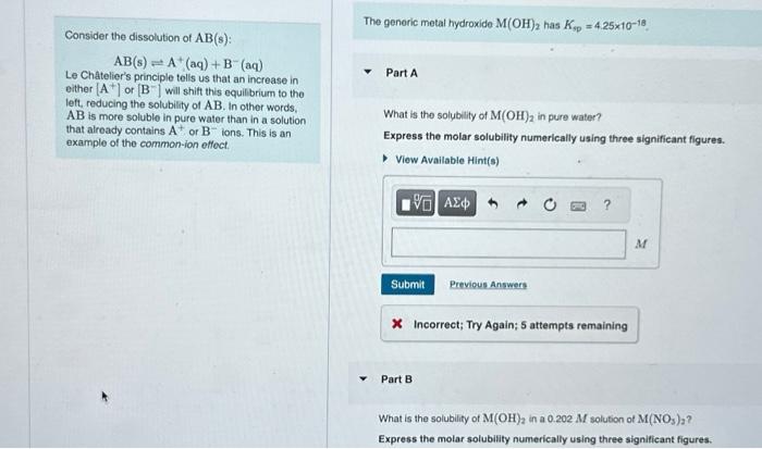 Solved Consider the dissolution of AB(s) : | Chegg.com