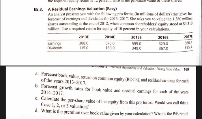 Solved E5.3. A Residual Earnings Valuation (Easy) An analyst | Chegg.com