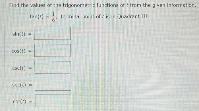 Solved Find the values of the trigonometric functions of t | Chegg.com