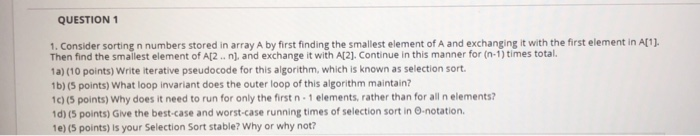 Solved Question 1 1 Consider Sorting N Numbers Stored In 