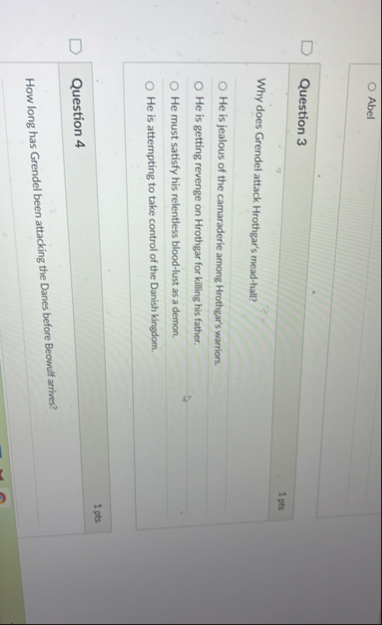 Solved AbelQuestion 31 ﻿ptsWhy does Grendel attack | Chegg.com