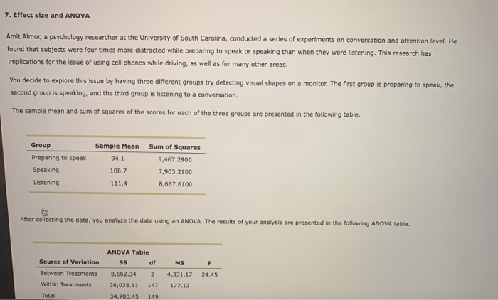 Solved 7. Effect size and ANOVA Amit Almor, a psychology | Chegg.com