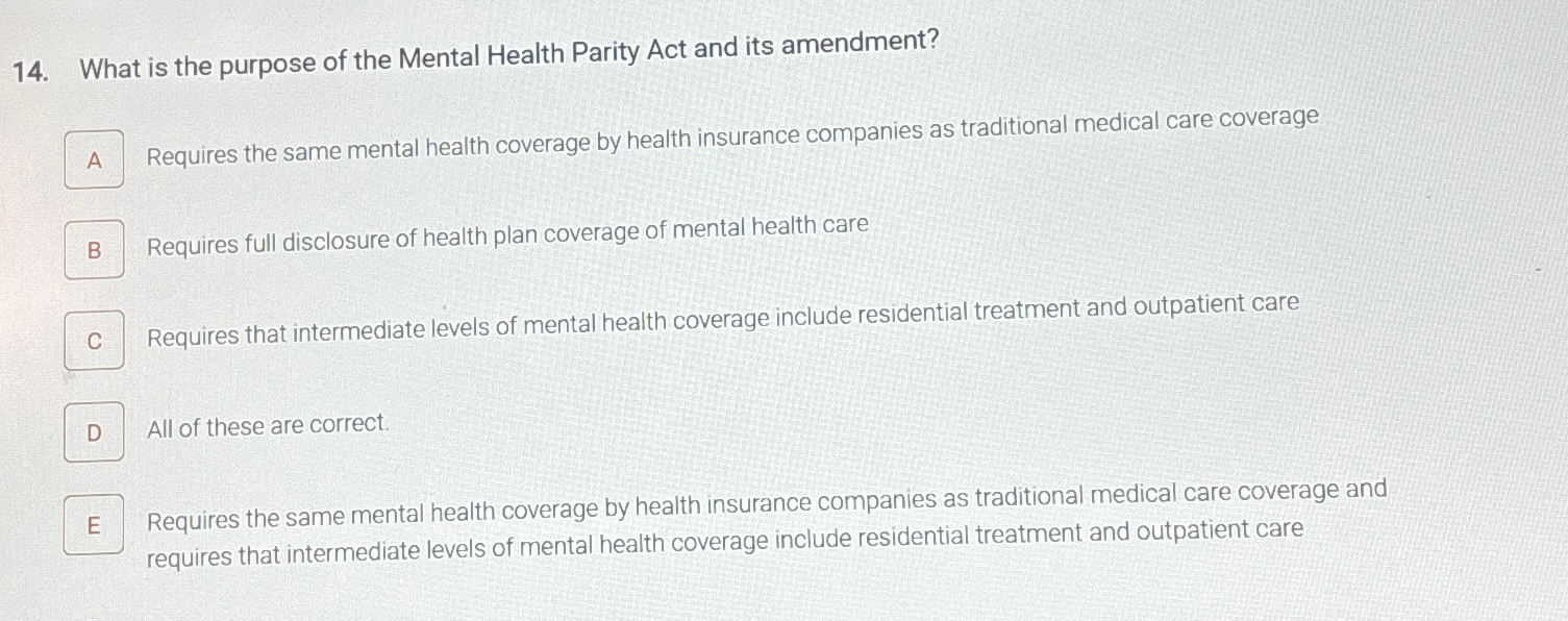 Solved What is the purpose of the Mental Health Parity Act | Chegg.com